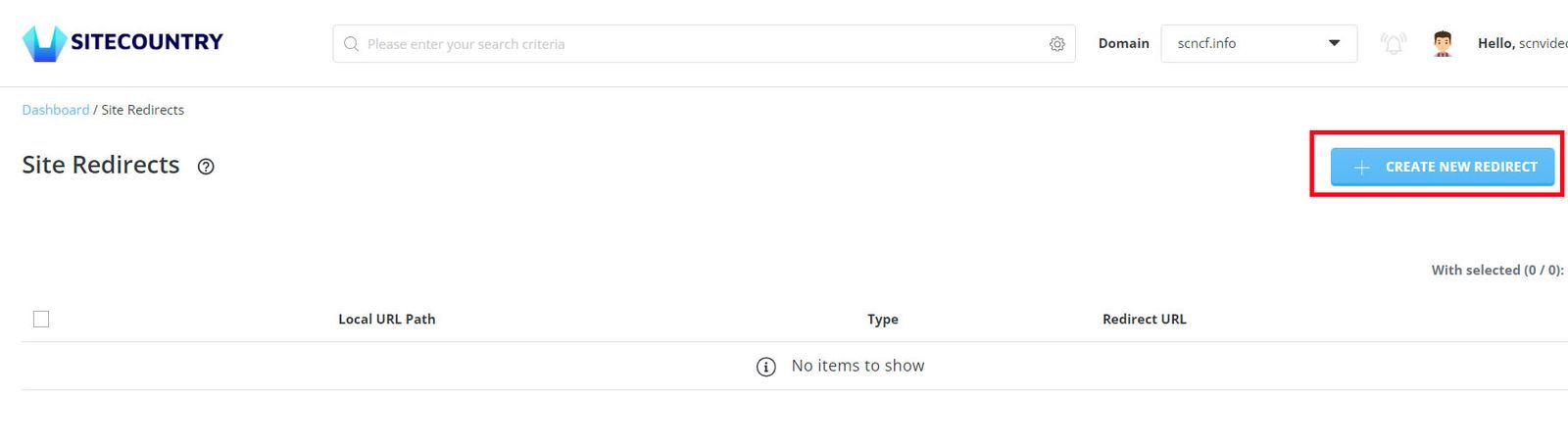 How to Add a Site Redirection in the SiteCountry Control Panel?